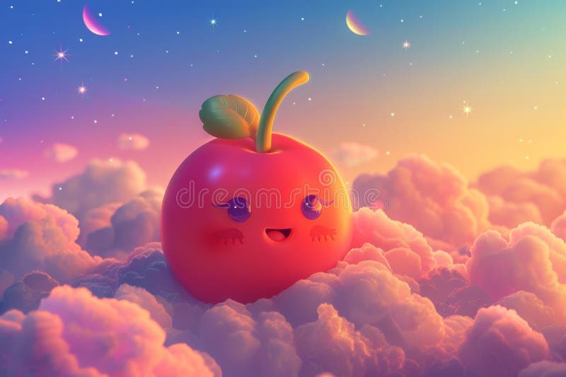A Smiling Apple with a Leaf on Top is Sitting on a Cloud Stock Image ...