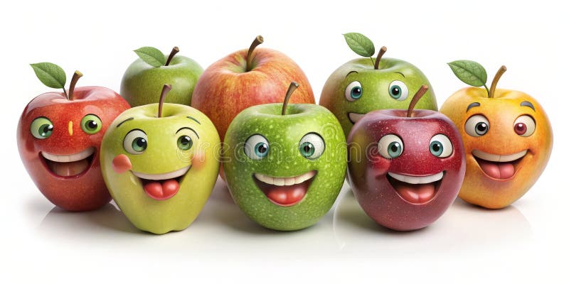 Smiling Apples 3D Render - a Group of Friendly Fruit Characters Stock ...