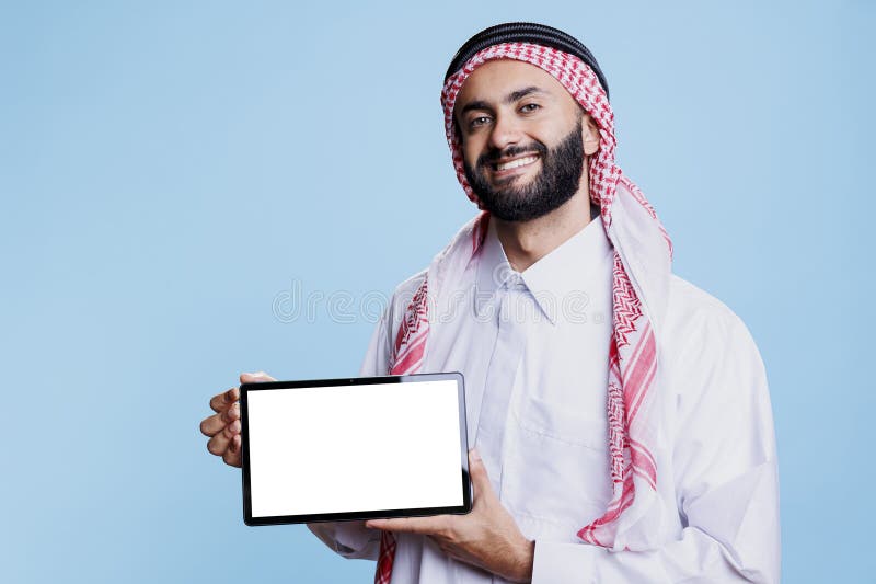 Smiling Arab Presenting Tablet Screen Stock Image - Image of muslim ...