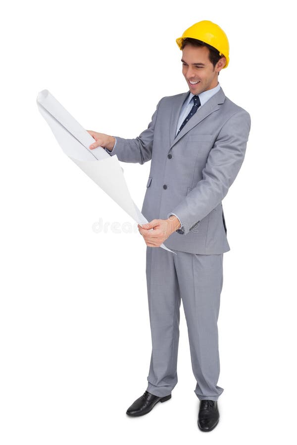 Smiling Architect with Hard Hat Looking at Plans Stock Image - Image of ... Smiling Architect with Hard Hat Looking at Plans Stock Image - Image of ...