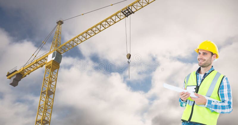 Smiling Architect Holding Blueprint Against Crane Stock Image - Image ... Smiling Architect Holding Blueprint Against Crane Stock Image - Image ...