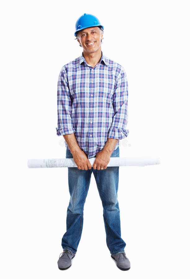 Smiling Architect Holding Blueprint. Full Length of Smiling Architect ... Smiling Architect Holding Blueprint. Full Length of Smiling Architect ...