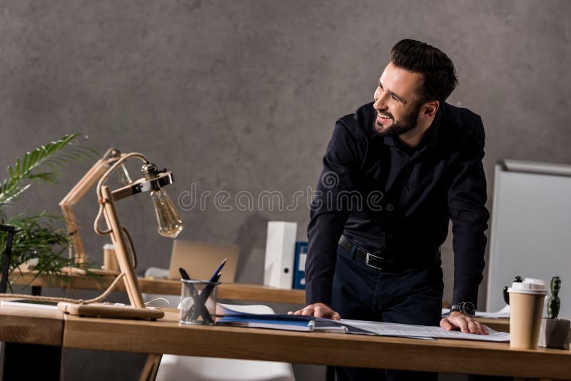 Smiling Architect Leaning on Working Table Stock Photo - Image of ...
