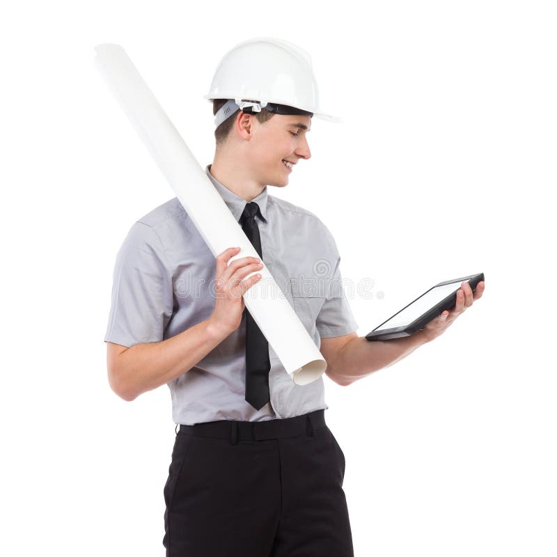 Smiling Architect Reading Something on a Digital Tablet Stock Image ...