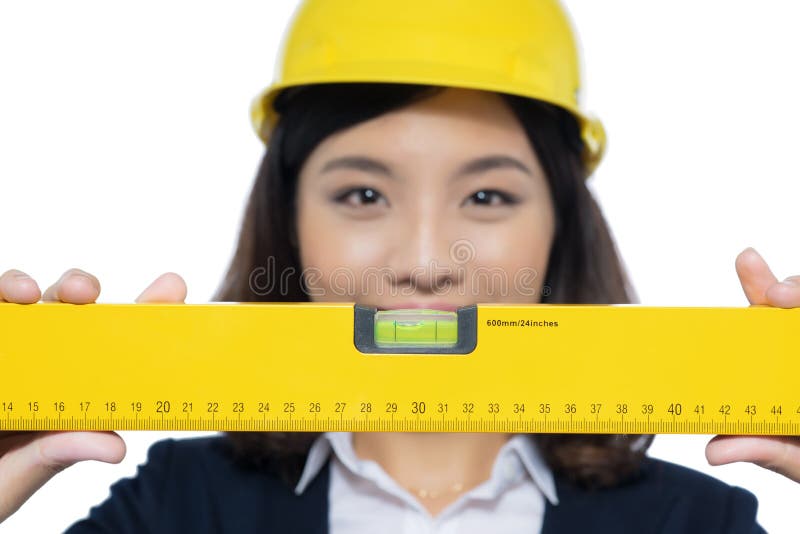 Smiling Architect Woman Holding Yellow Ruler Isolated on White. Stock ... Smiling Architect Woman Holding Yellow Ruler Isolated on White. Stock ...