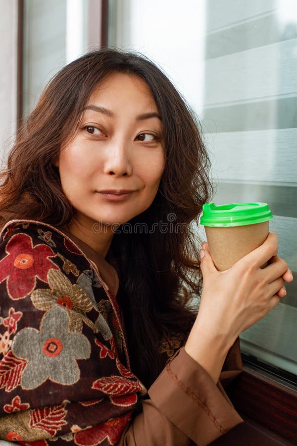 Smiling Asian Business Woman Having Coffee Break Near Office Stock ... Smiling Asian Business Woman Having Coffee Break Near Office Stock ...