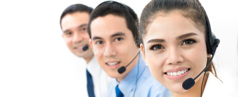 Smiling Asian Call Center or Telemarketer Team Stock Photo - Image of ...