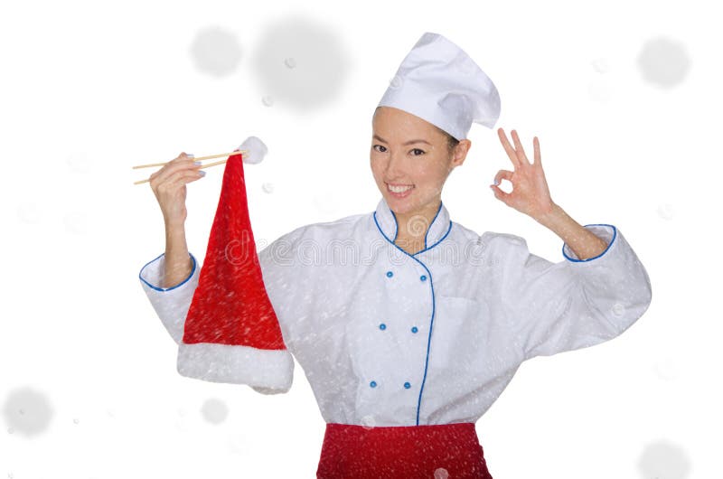 Smiling Asian Chef in Christmas Cap with Chopsticks Under Snow Stock ...