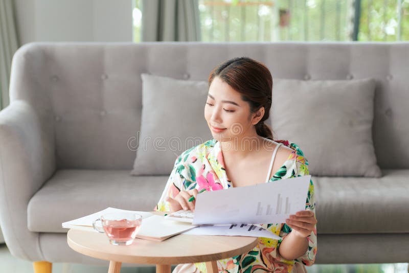 Smiling Asian Female Freelancer Working at Home Stock Photo - Image of ...