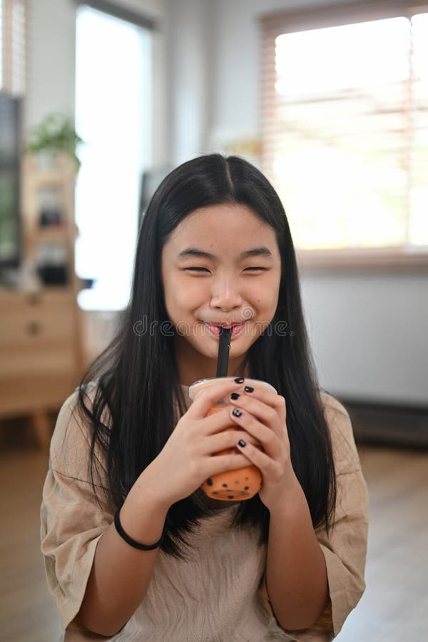 Asian Girl Drinking Iced Bubble Milk Tea. Stock Photo - Image of girl ...