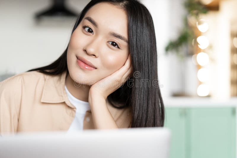 Smiling Asian Girl Sitting with Laptop, Working on Computer Pc Stock ...