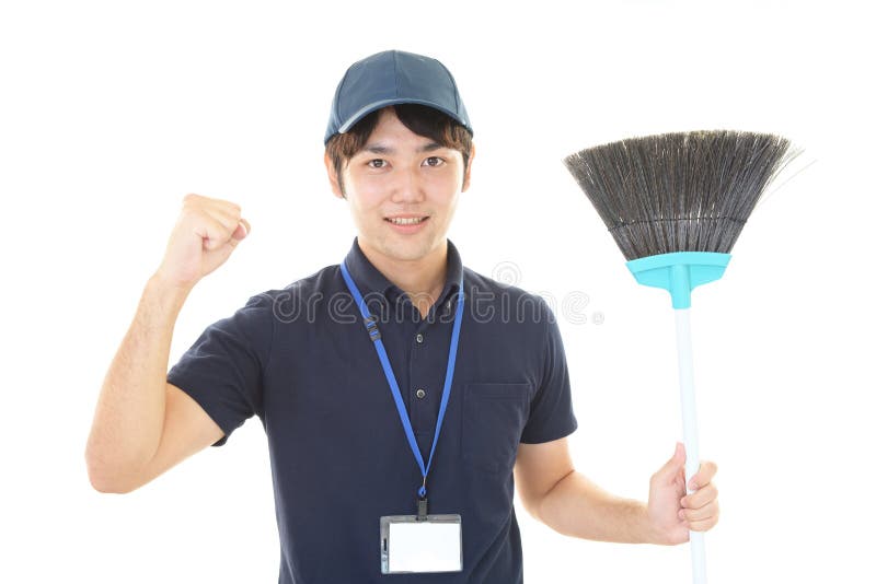 Smiling Asian janitor stock image. Image of broom, healthy - 143192583