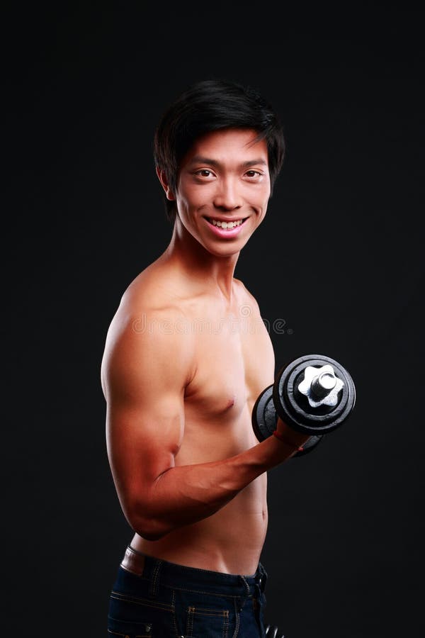 Smiling Asian Man Working Out with Dumbbell Stock Photo - Image of male ...