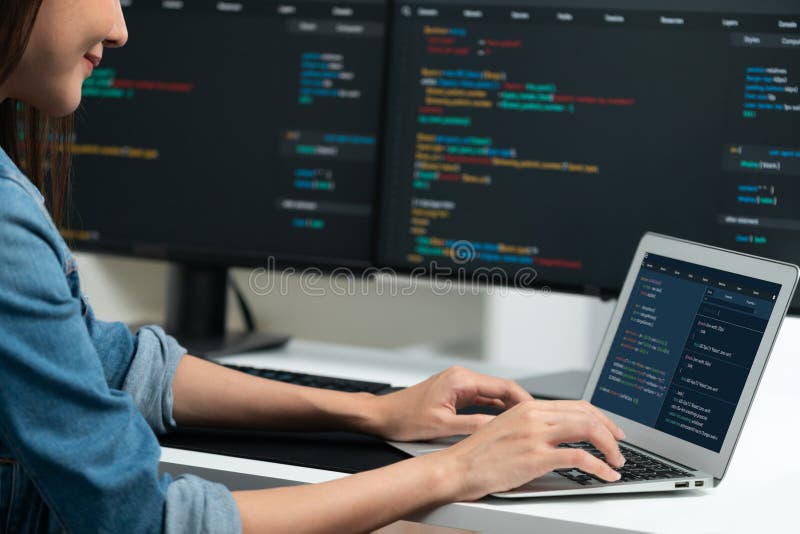 Smiling Asian it Typing Online Software Development on Laptop ...