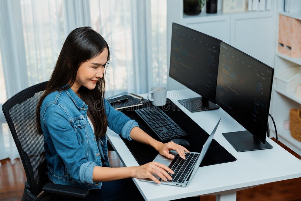 Smiling Asian it Typing Online Software Development on Laptop. Stratagem. Stock Image - Image of ...