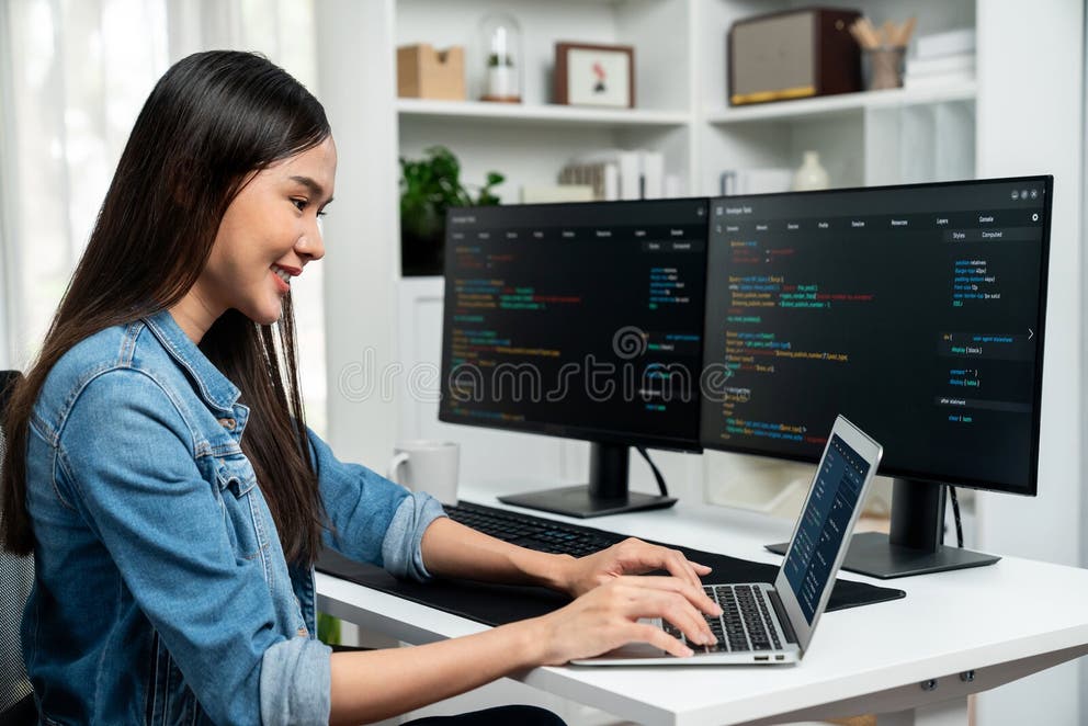 Smiling Asian it Typing Online Software Development on Laptop. Stratagem. Stock Photo - Image of ...