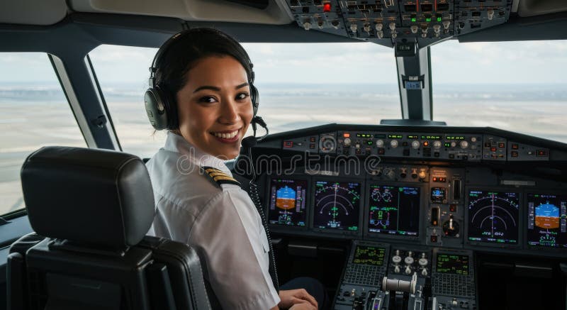 A Smiling Asian Woman Pilot in the Cockpit of an Airplane with a ...