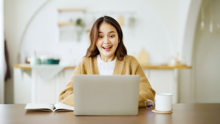 Smiling Asian Young Woman Working on Laptop at Home Office Stock Image - Image of good, glad ...