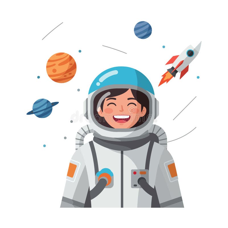 Smiling Astronaut in Space with Planets and Rocket Flat Vector ...