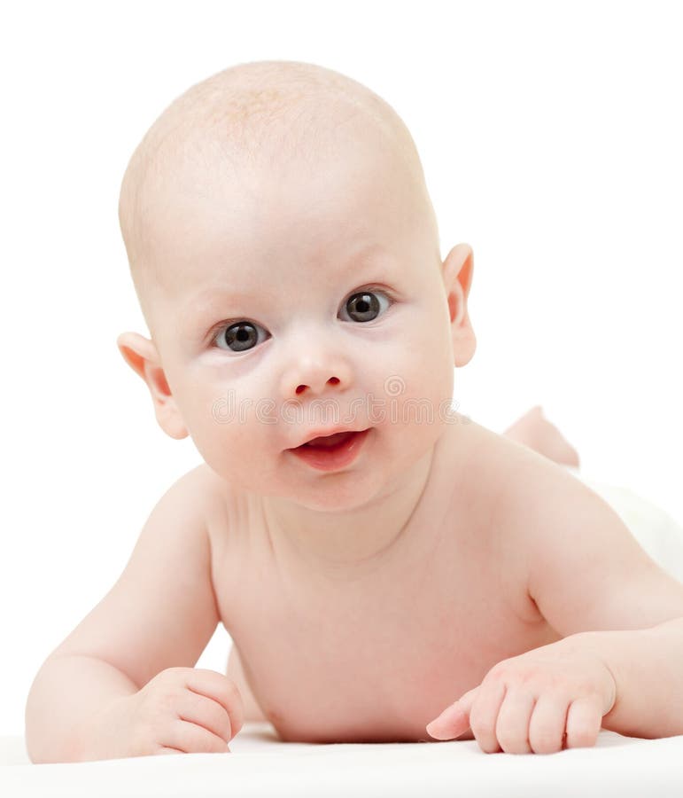 Smiling Baby Boy Lying on Tummy Over White Stock Image - Image of baby ...