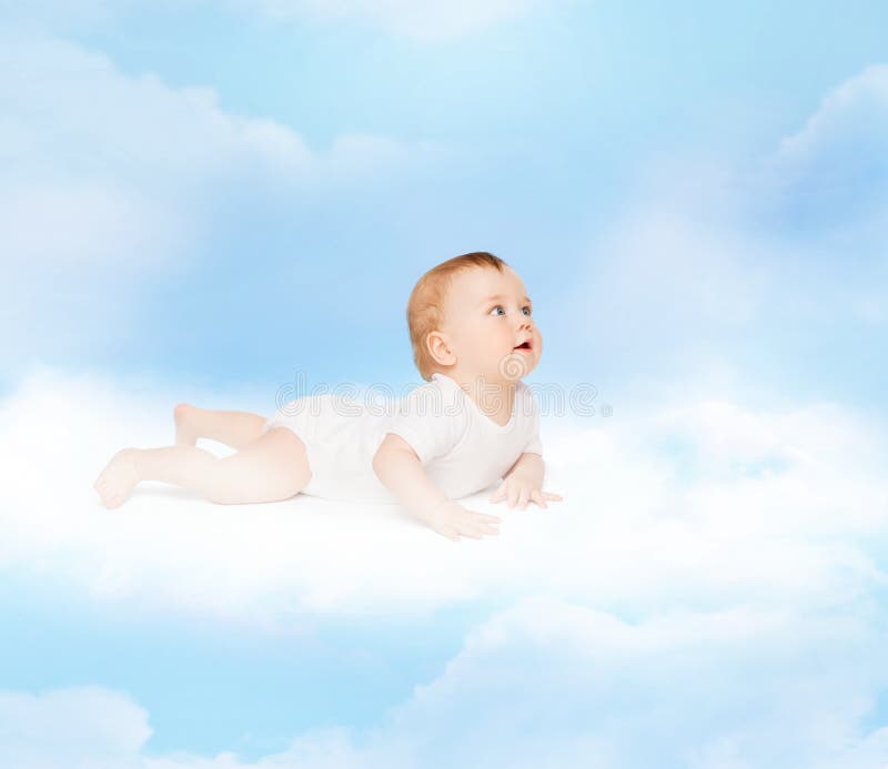 Smiling Baby Lying on Cloud and Looking Up Stock Image - Image of ...