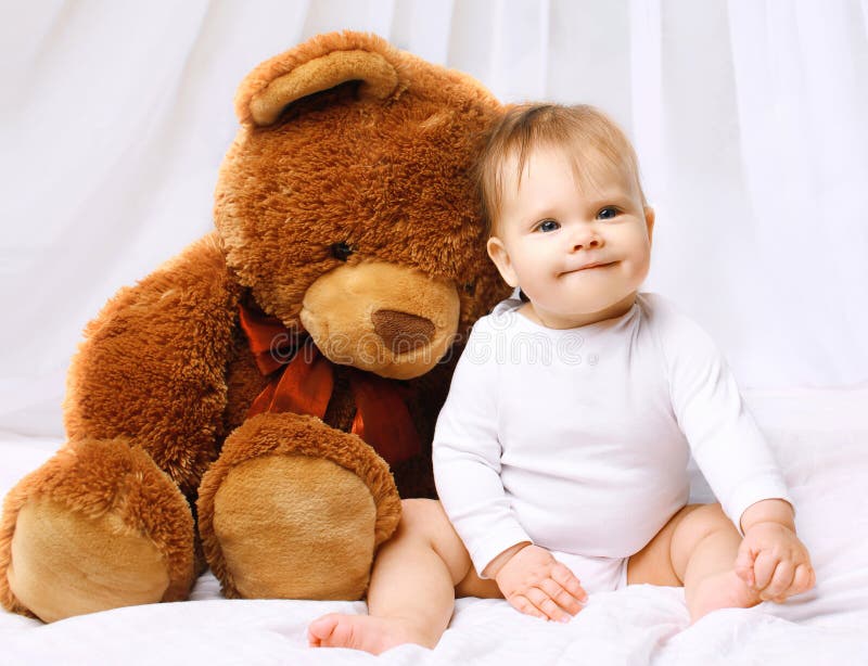Smiling Baby Playing with Teddy Bear Stock Image - Image of life ...