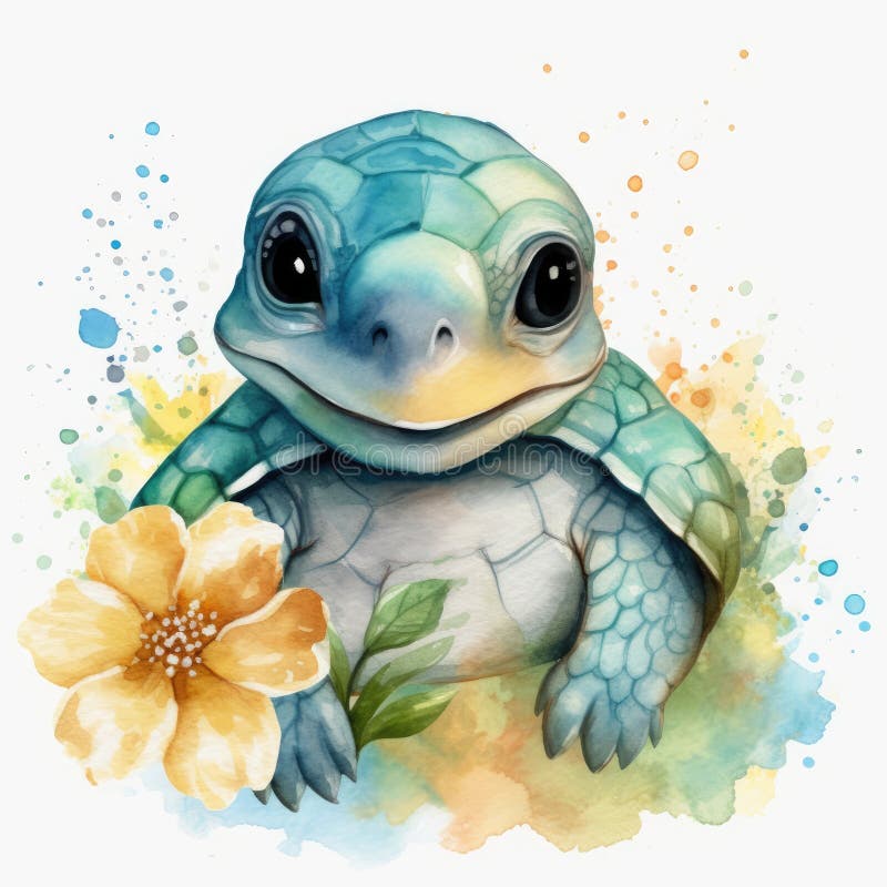 Smiling Baby Turtle in Watercolor for Spring-Themed Designs. Stock ...