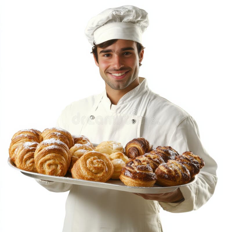 Smiling Baker Holding Tray of Fresh Pastries on White Background Stock ...