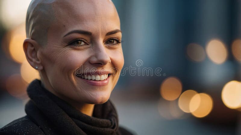 Smiling Bald Woman with a Joyful Expression Stands in Front of Glowing ...
