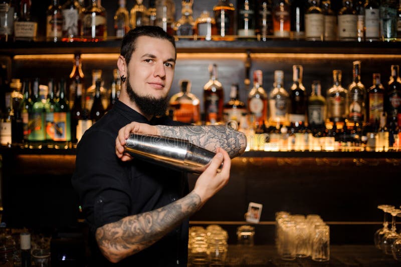Smiling Bartender Standing on the Background of the Bar Shaking Stock ...