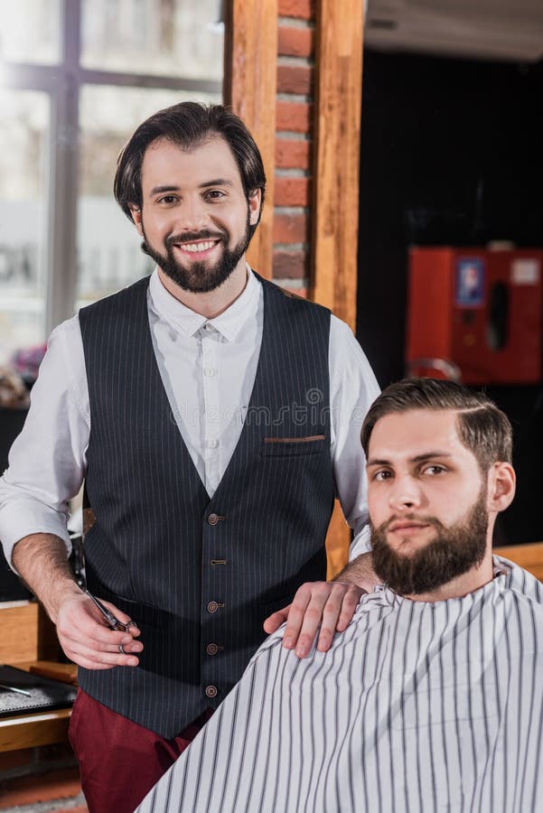 Smiling Bearded Barber with Client Stock Photo - Image of shaving ...