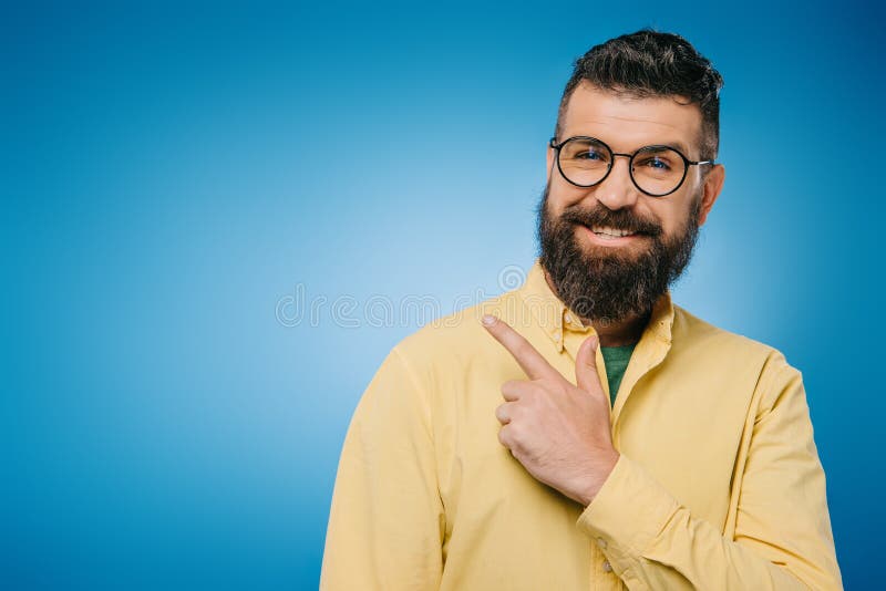 Smiling Bearded Man In Eyeglasses Pointing Isolated Stock Image Image