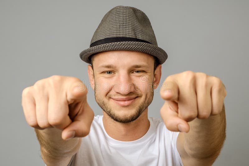 Smiling Bearded Man in Hat Pointing at Camera Stock Image - Image of ...