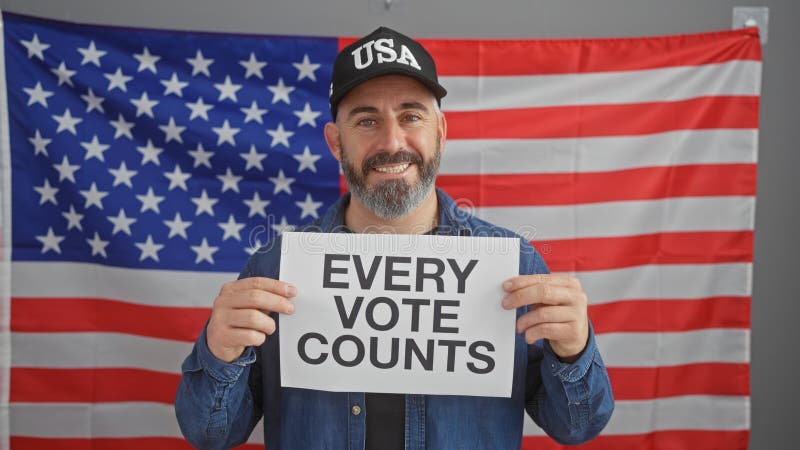 Smiling Bearded Man Holding a Every Vote Counts Sign with American Flag ...