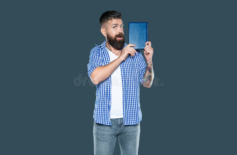 Smiling Bearded Man Recommend Book on Grey Background Stock Photo ...