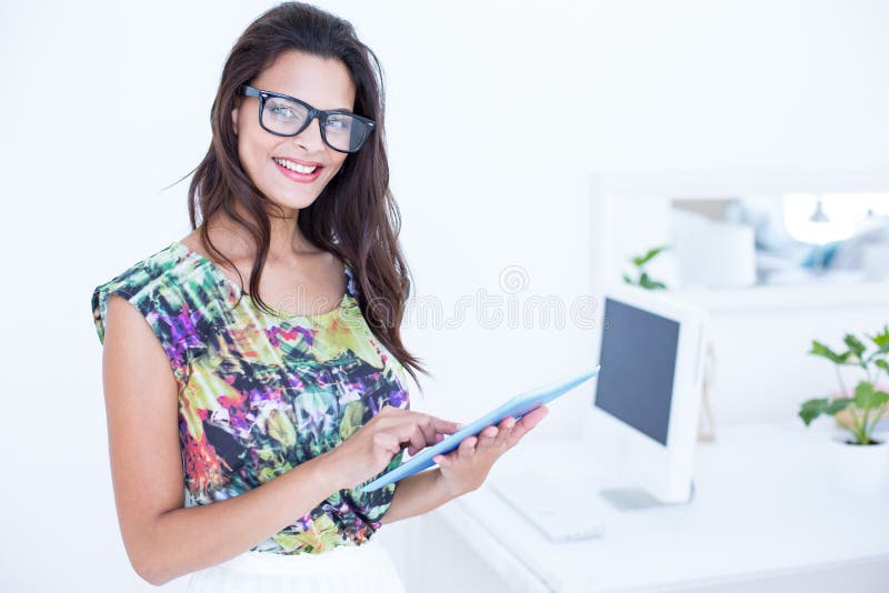 Smiling Beautiful Brunette Standing in Front of Her Computer Stock ...