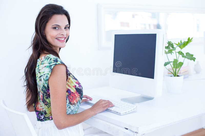 Smiling Beautiful Brunette Using Her Computer Stock Image - Image of ...