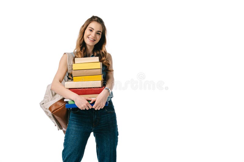 Smiling Beautiful Student Holding Stack of Books Stock Image - Image of ...