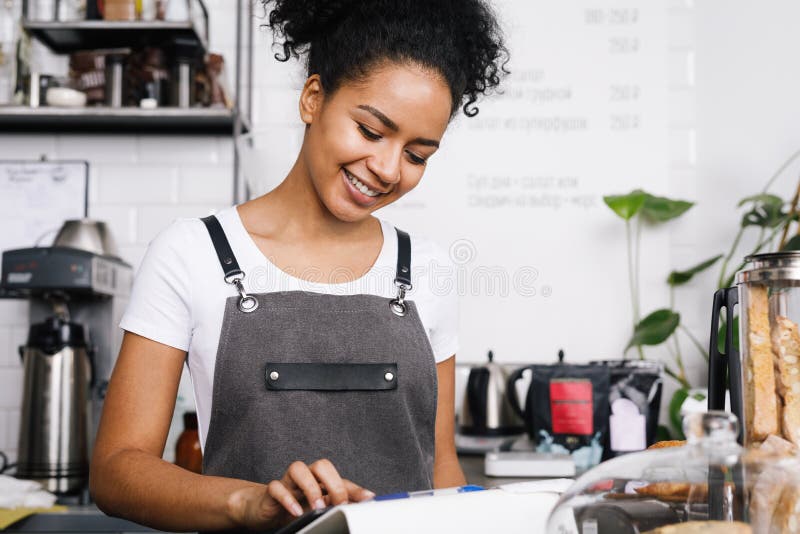 Smiling Beautiful Waitress Using Digital Tablet Stock Photo - Image of ...