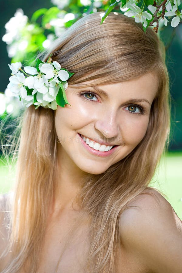 Smiling Beautiful Woman with Flowers Stock Photo - Image of elegance ...