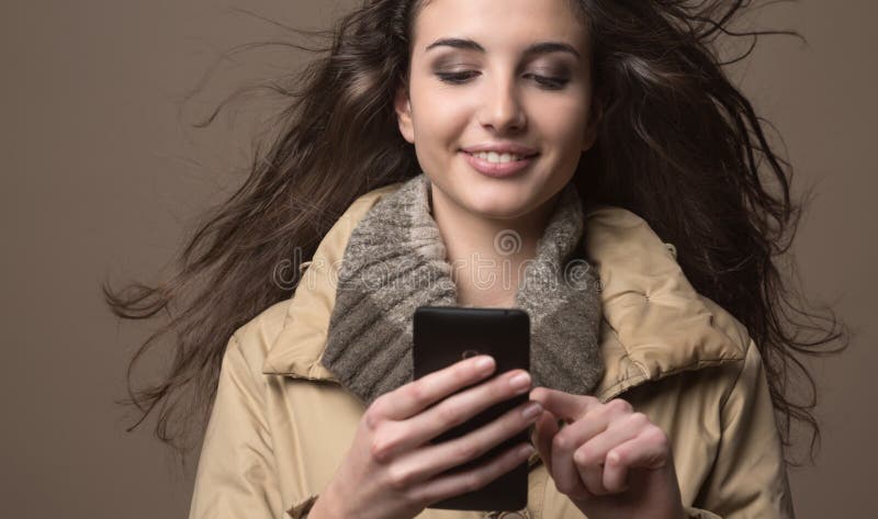 Smiling Beautiful Woman with Mobile Phone Stock Image - Image of fall ...