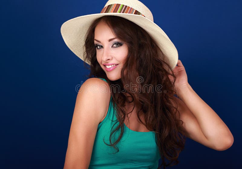 Smiling Beautiful Young Woman In Straw Hat With Long Curly Hair Stock