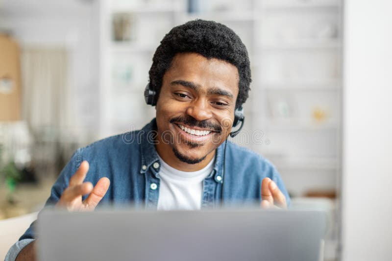 Smiling Black Customer Service Representative Working from Home Stock ...