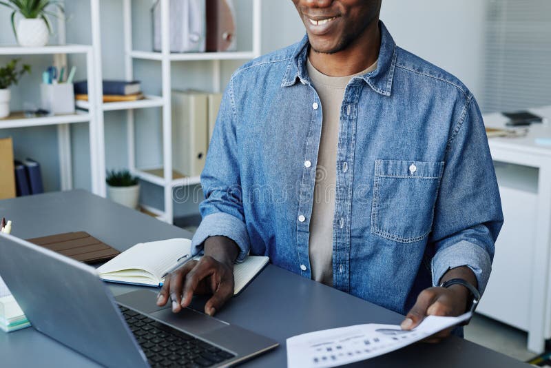 Smiling Black Man Using Computer at Work Stock Image - Image of laptop ...