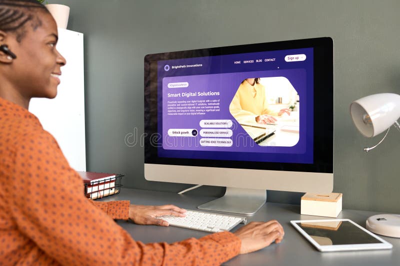 Smiling Black Woman Using Pc at Desk Stock Photo - Image of table, work ...