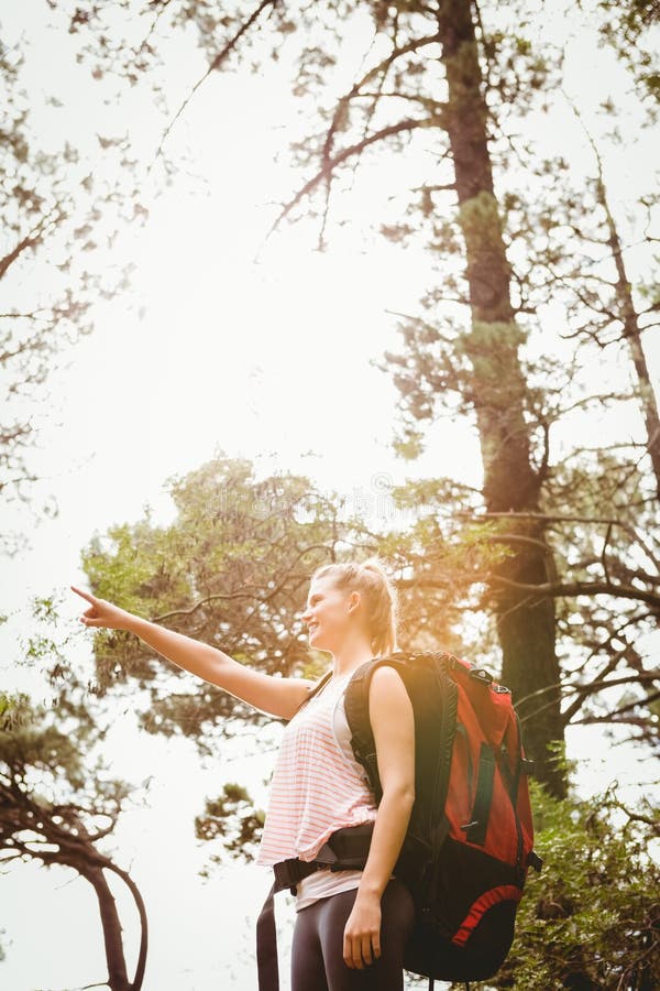 Smiling Blonde Hiker Pointing Far Away Stock Image - Image of freedom ...