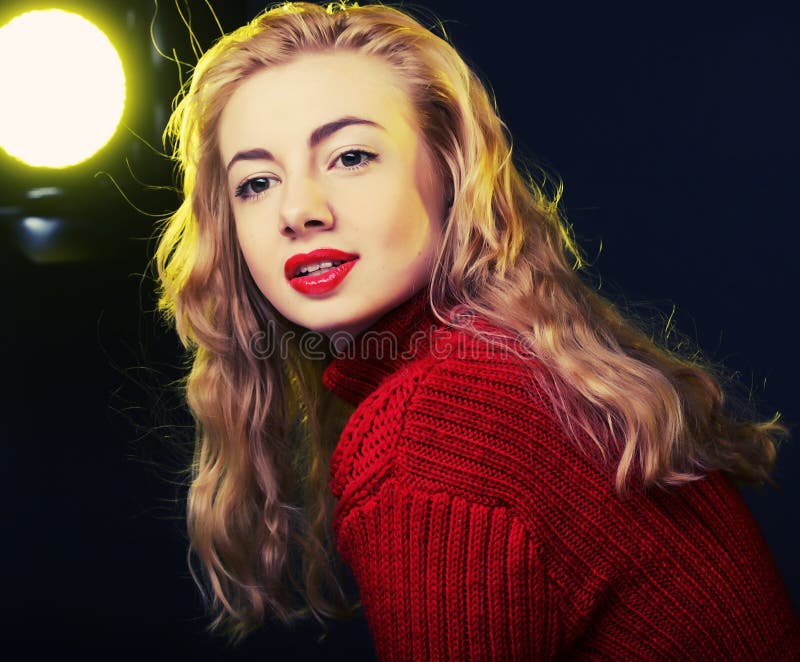 Smiling Blonde in Red Sweater Stock Photo - Image of face, caucasian ...