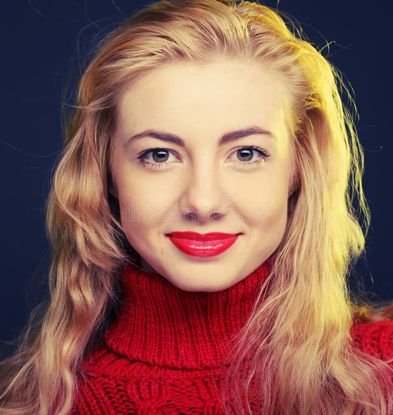 Smiling Blonde in Red Sweater Stock Image - Image of hair, charming ...