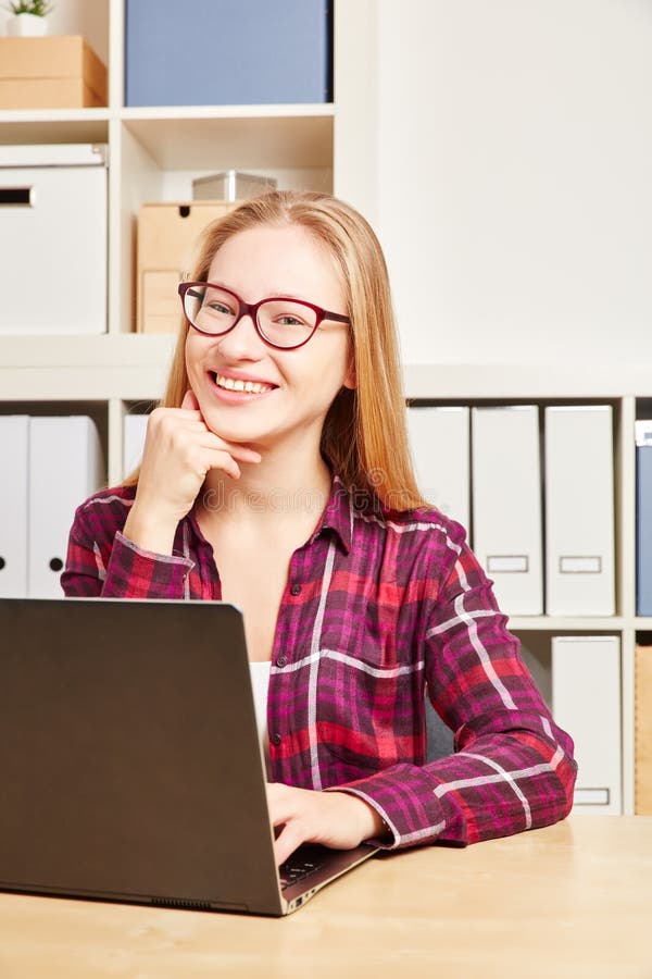 Smiling Female Student at the Computer Stock Image - Image of happy ...