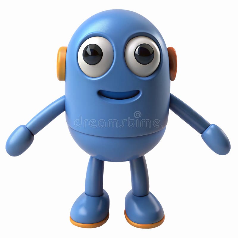 Smiling Blue Cartoon Robot with Big Eyes Orange Ears and Friendly ...